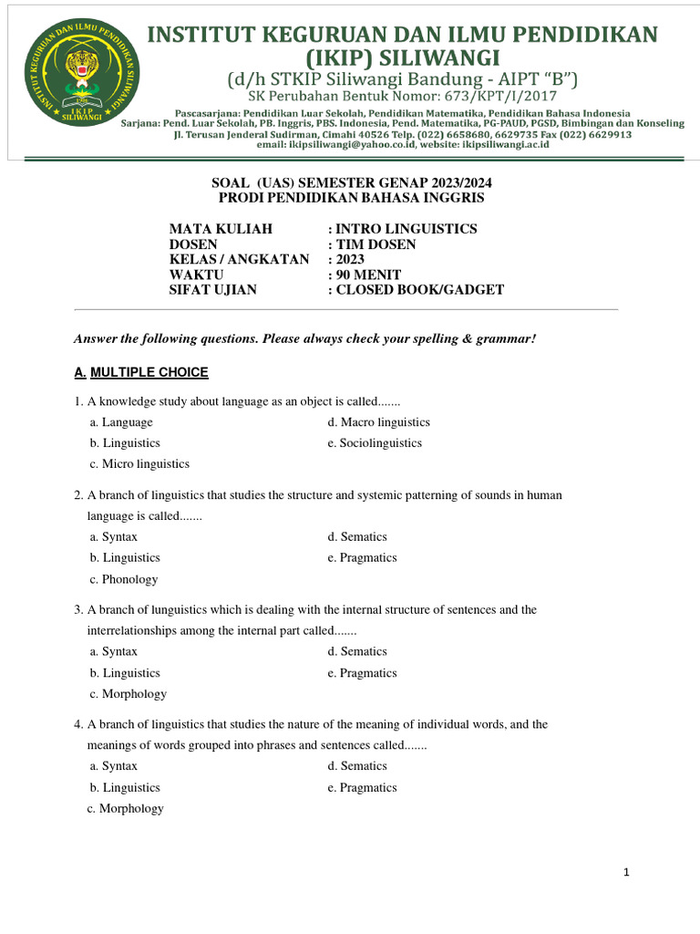 Uas 2024 - Intro To Linguistics | PDF | Linguistics | Morphology (Linguistics)
