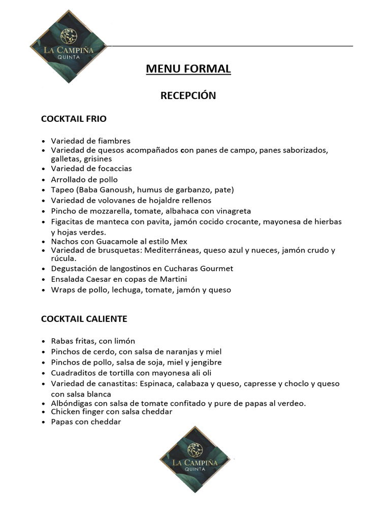 Menú Formal para Eventos y Celebraciones | PDF | Postres | Salsa
