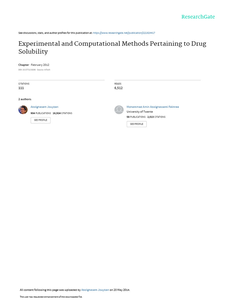 Experimental and Computational Methods Pertaining To Drug Solubility ...