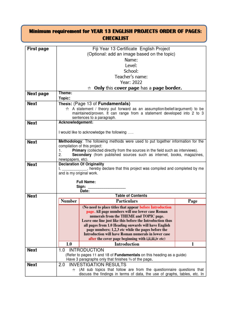 Minimum Requirement Year 13 English Project Checklist | PDF | Data ...