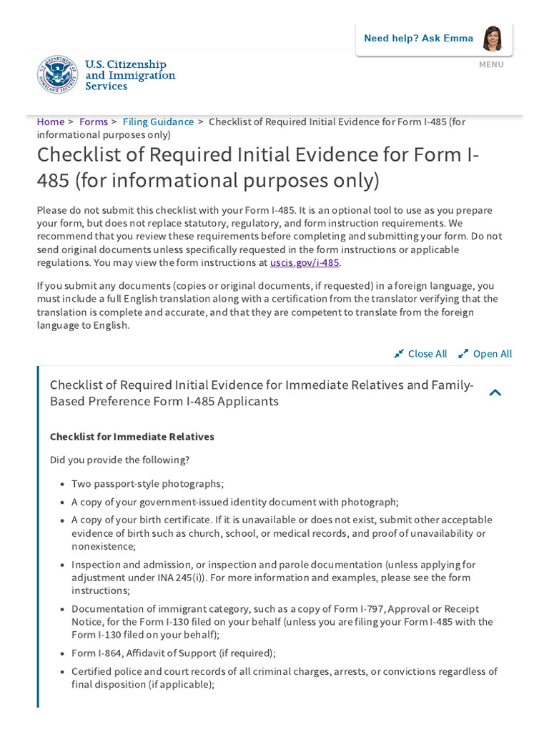 I-485 Initial Evidence Checklist | PDF | Justice | Crime & Violence