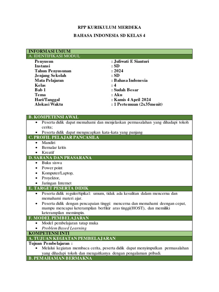 RPP Kurikulum Merdeka Kelas 4 | PDF