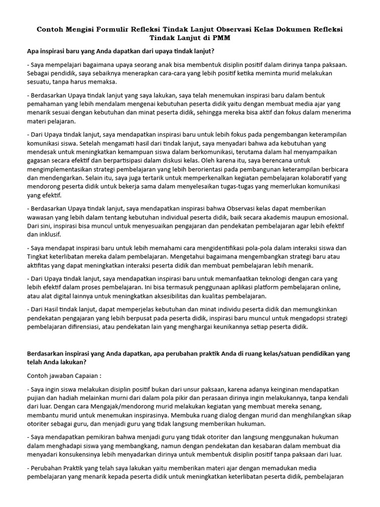Contoh Mengisi Formulir Refleksi Tindak Lanjut Observasi Kelas Dokumen Refleksi Tindak Lanjut Di ...