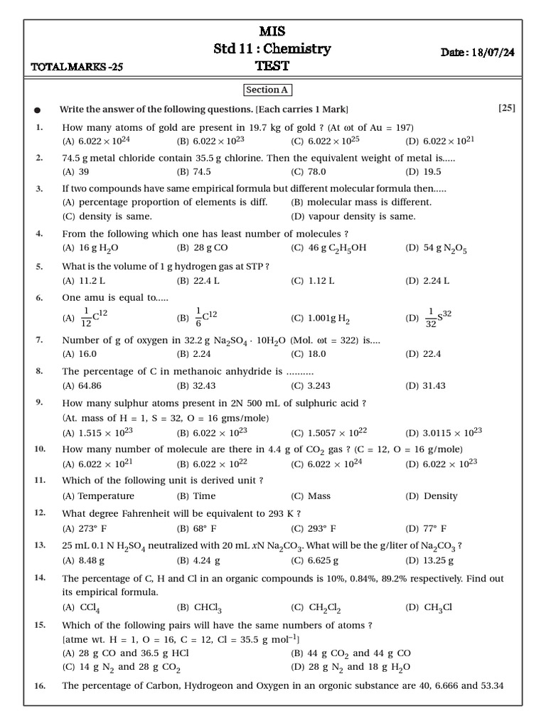 Mole Concept Basic Questions | PDF | Mole (Unit) | Molecules
