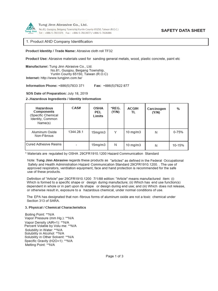 Tung Jinn TF32 MSDS | PDF | Occupational Safety And Health Administration | Ventilation ...