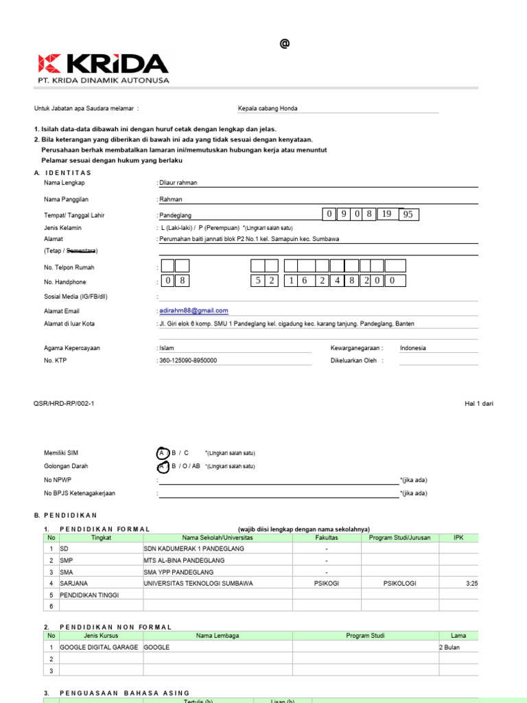 Form Lamaran Kerja Krida | PDF