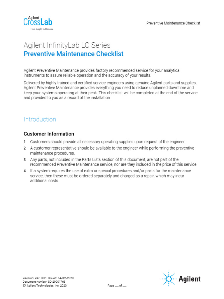 Agilent Infinitylab LC Series: Preventive Maintenance Checklist | PDF ...