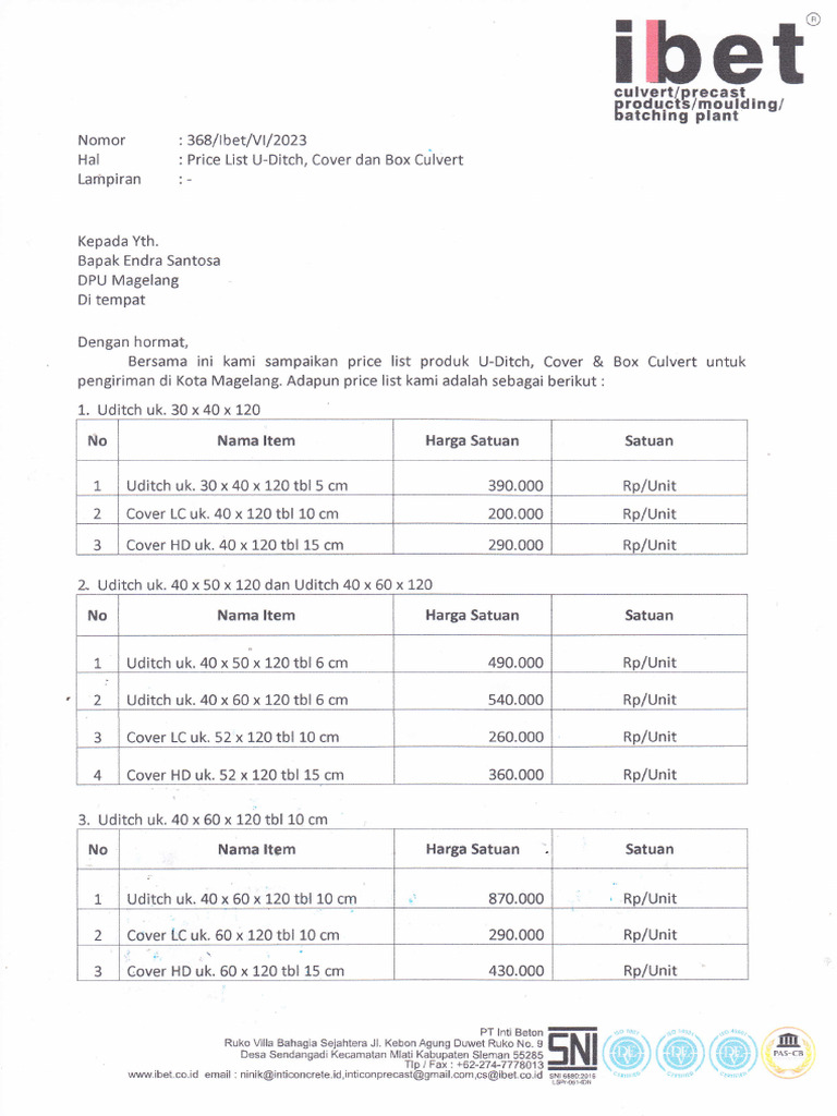 Price List (DPU Magelang) BPK Endra | PDF