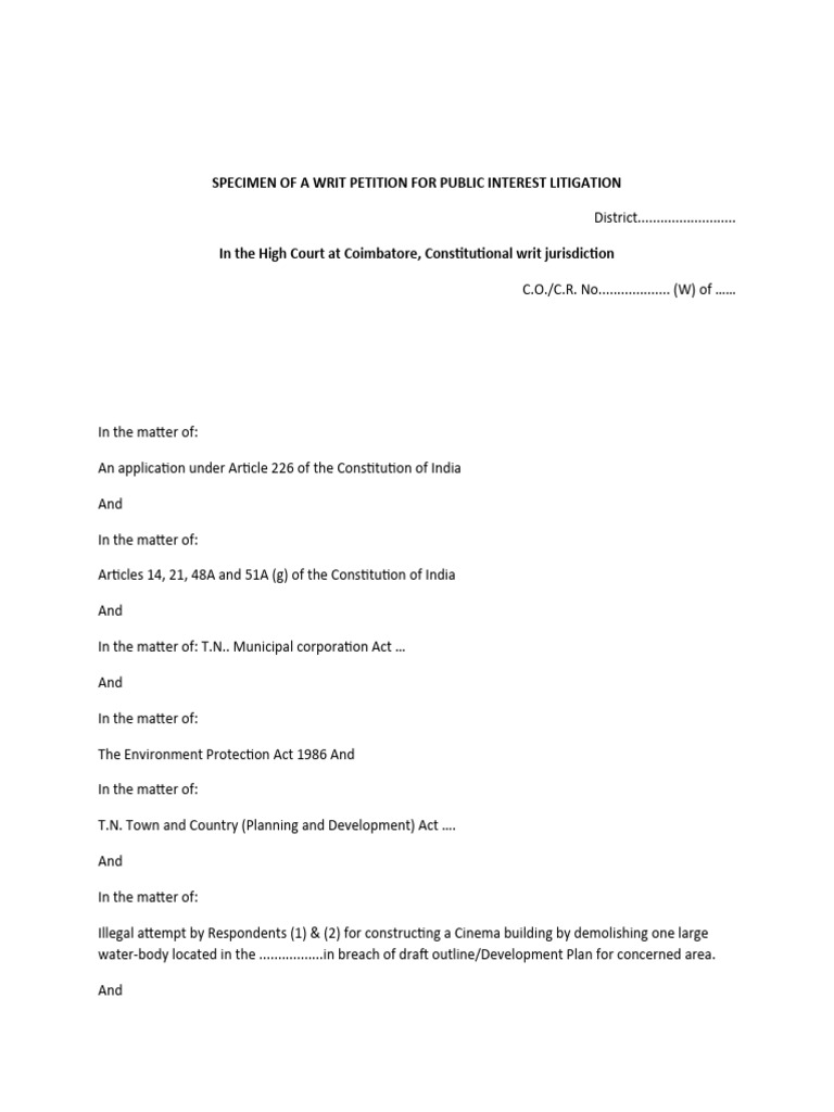 Specimen of A Writ Petition For Public Interest Litigation | PDF ...