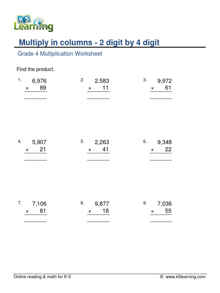 Grade 4 Multiplication Worksheet - Multiply in Columns - 2 Digit by 4 ...