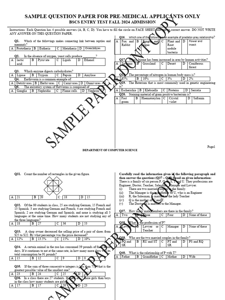 BSCS SamplePaper Pre Medical | PDF | Biology