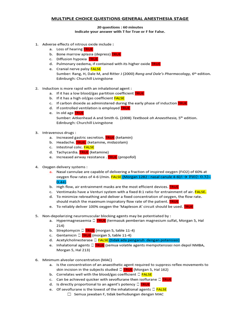 General Anesthesia MCQs Test | PDF | Anesthesia | Clinical Medicine