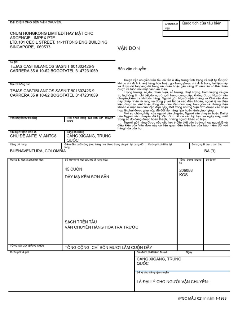 Van Don Bill of Lading PGC Form 02 - Viet | PDF