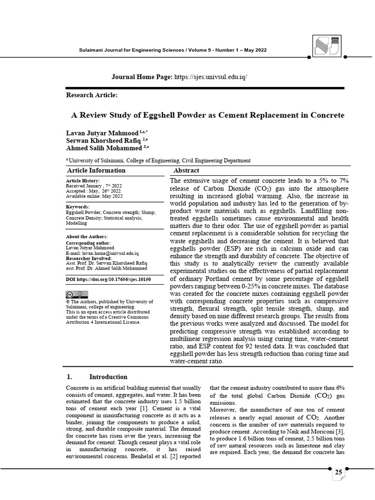 A Review Study of Eggshell Powder As Cement Replacement in Concrete ...