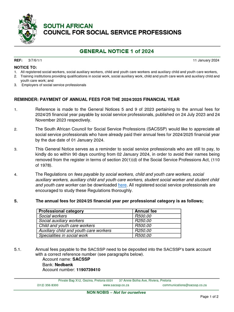SACSSP GENERAL NOTICE 1 OF 2024 REMINDER ANNUAL FEES PAYABLE FOR 2024 ...