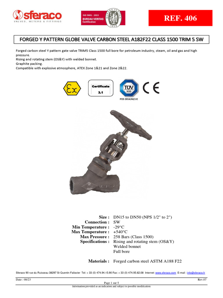 Technical Datasheet Forged Carbon Steel A182 f22 Globe Valve Class1500 Trim5 SW | PDF | Valve ...