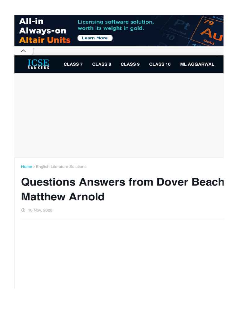 Questions Answers From Dover Beach by Matthew Arnold | PDF | Narration