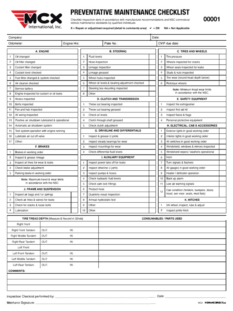Preventative Maintenance Checklist | PDF | Leak | Tire