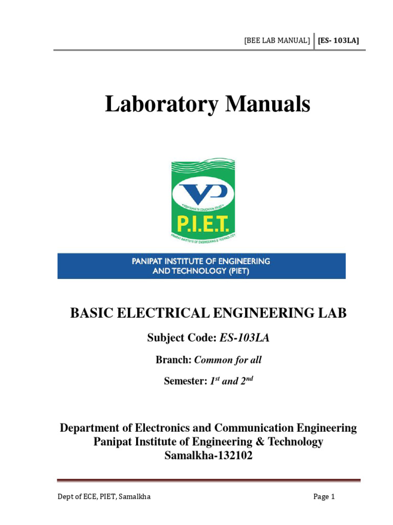 Laboratory Manuals: Basic Electrical Engineering Lab | PDF | Transformer | Electric Motor