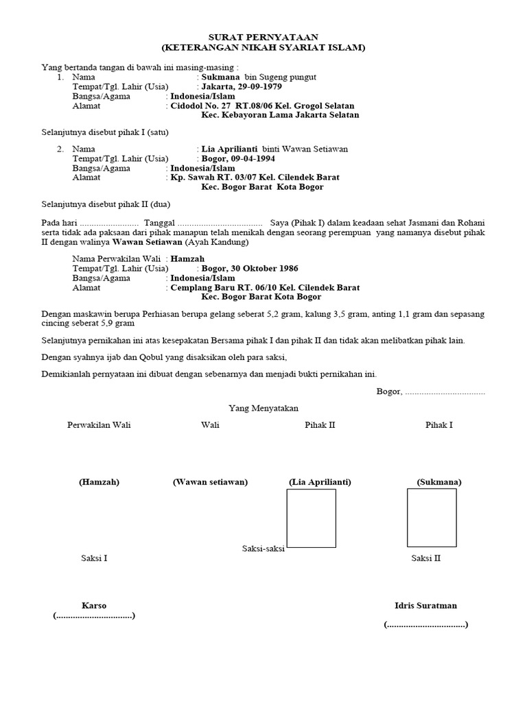 Surat Pernyataaan Nikah Sirih Blanko Hamzah 2 | PDF