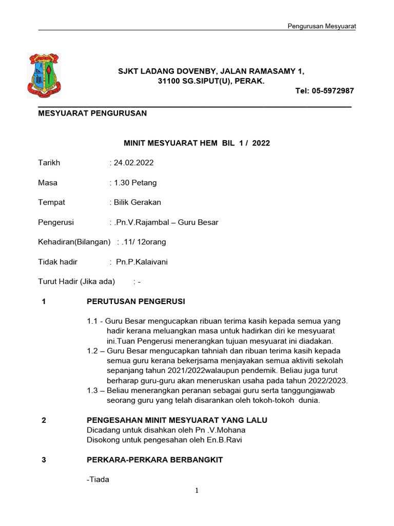 MINIT MESYUARAT HEM Bil 1 2022 | PDF