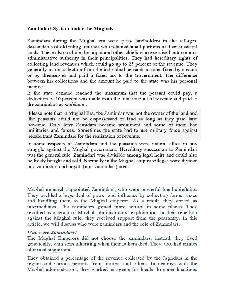 Zamindari System Under The Mughals | PDF | Politics | Law
