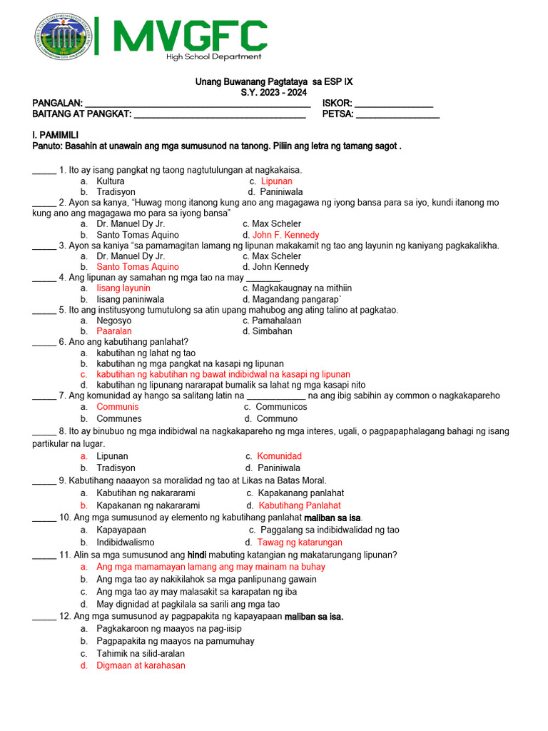 ESP 9_First Monthly Quiz_docx | PDF