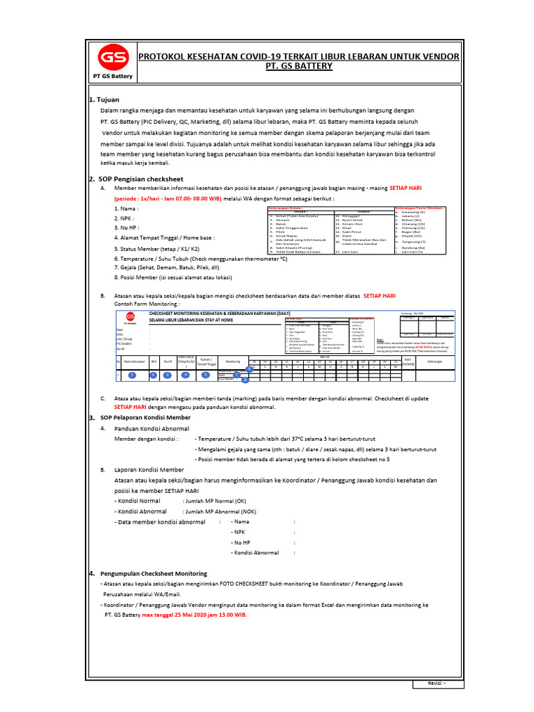 SOP Check Sheet Monitoring Kondisi Karyawan Vendor Stay at Home WFH | PDF