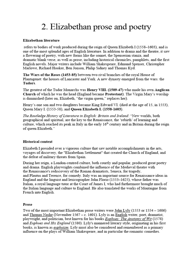 Elizabethan Prose and Poetry | PDF | Stanzaic Form | Composition ...