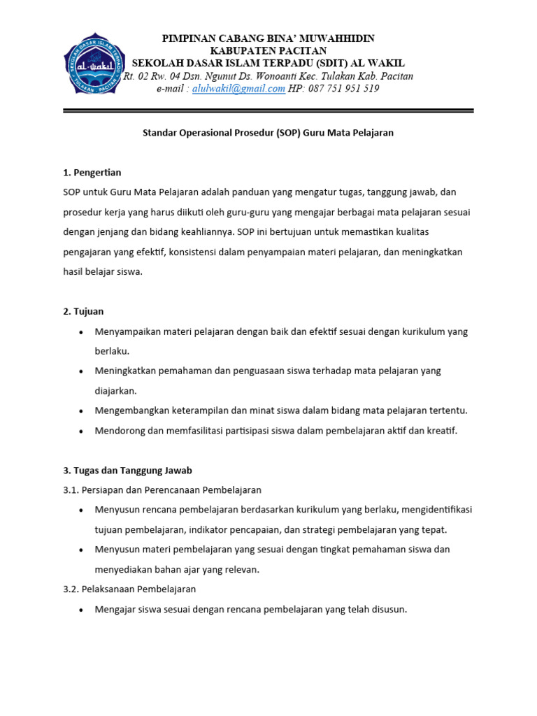 Sop Guru Mapel Sdit Al Wakil | PDF