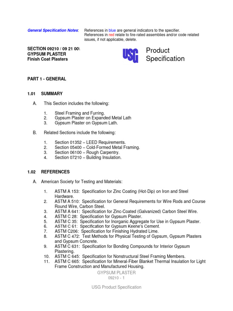 USG Gypsum Plaster Finish Coat Plasters Guide Specifications 1252630 ...