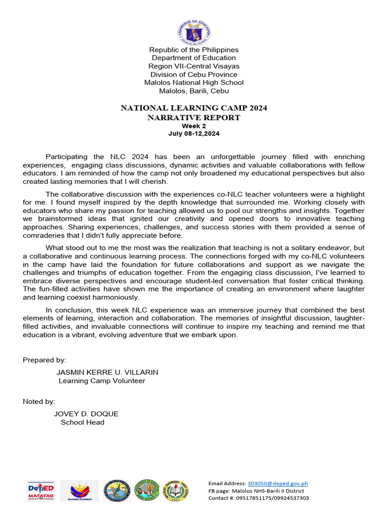 NLC Narrative-Report Week 2 | PDF | Experience | Learning