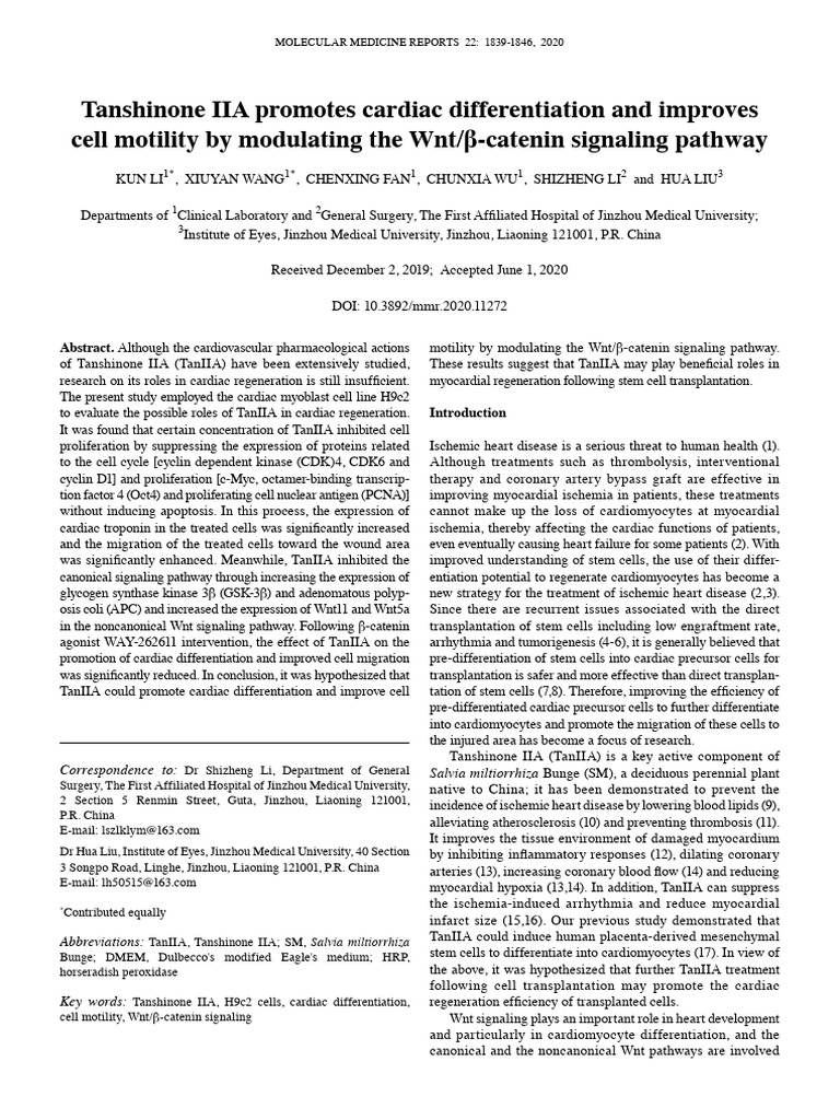 Tanshinone IIA Enhances Cardiac Regeneration | PDF | Heart | Cardiac Muscle