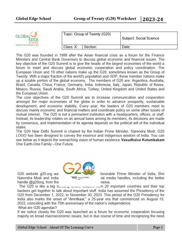 Grade X - Handout and Worksheet On G20 | PDF | Economies ...