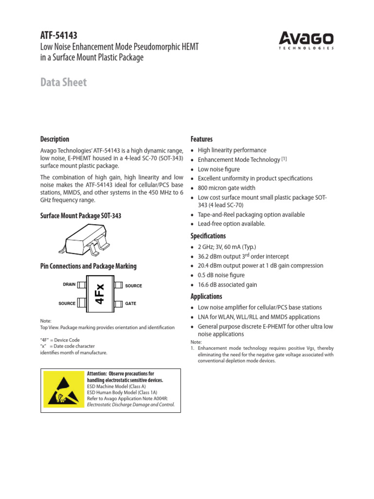 Atf 54143 | PDF | Decibel | Field Effect Transistor