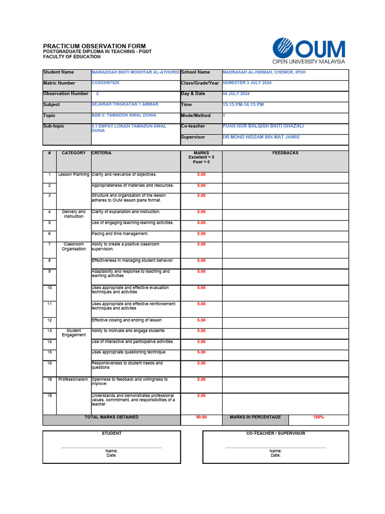 2024 FOE Practicum Observation Form - PGDT Yang Kedua | PDF | Pedagogy ...