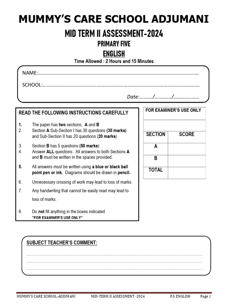 p.5 Mid Term II English 2024 Mcsa | PDF