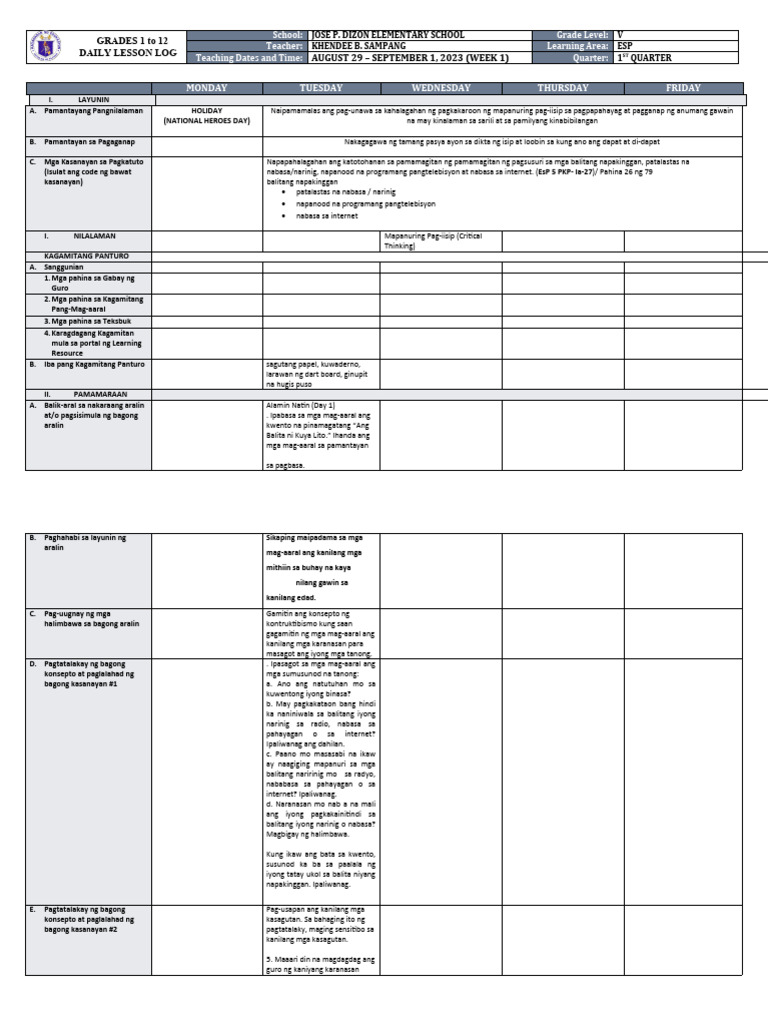 DLL - Esp 5 - Q1 - W1 | PDF