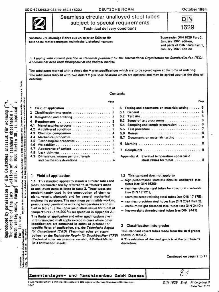 DIN 1629-1984 - Seamless Circular Unalloyed Steel Tubes | PDF