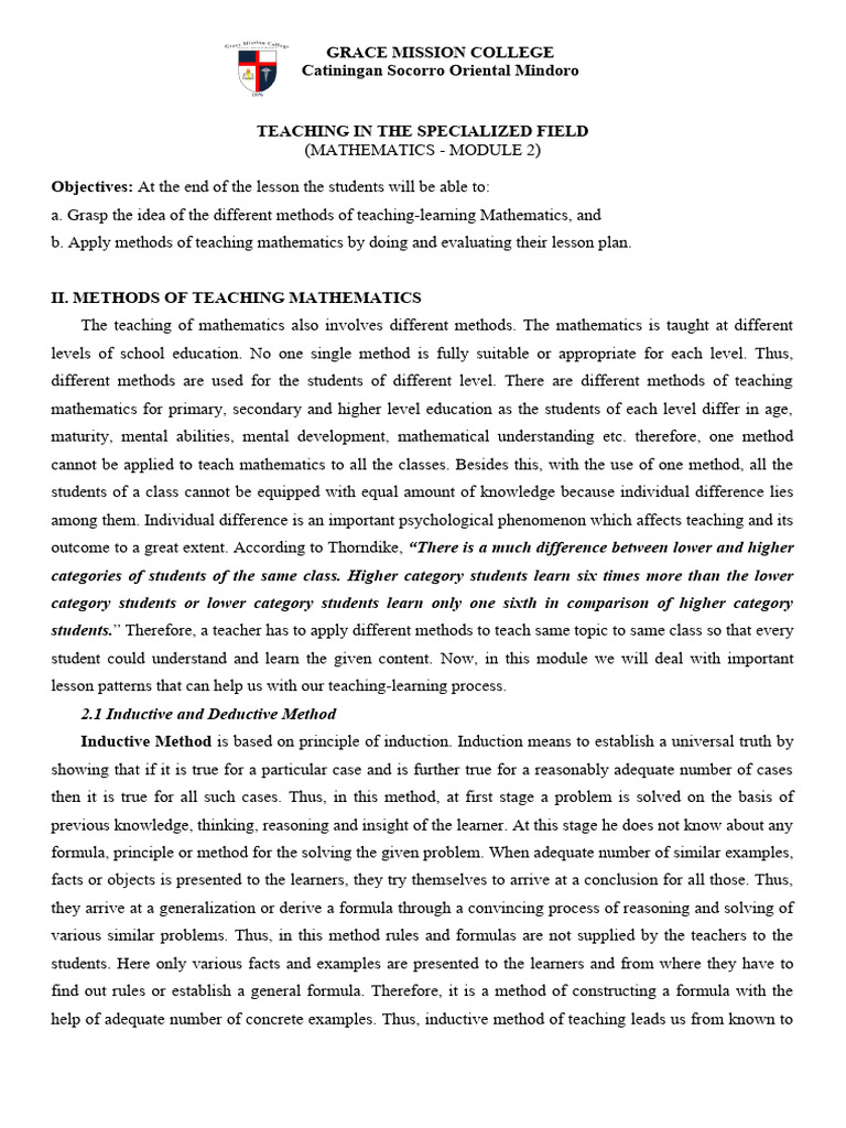 TEACHING IN THE SPECIALIZED FIELD (Module 2) | PDF | Inductive Reasoning | Learning