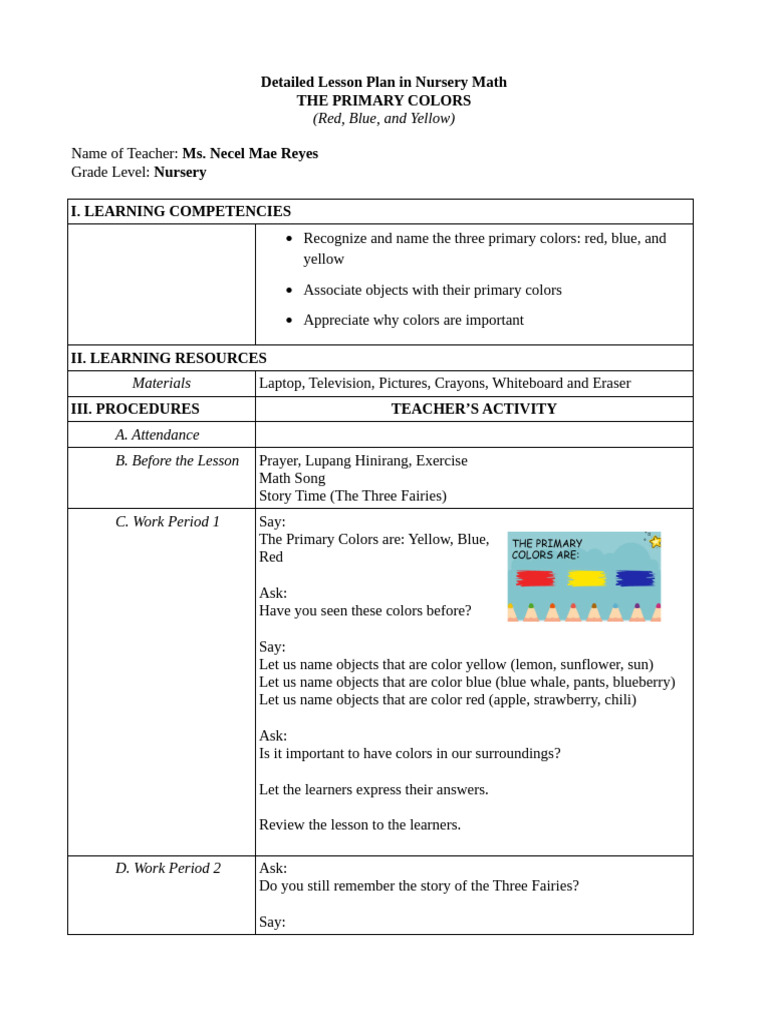 Lesson Plan - Primary Colors | PDF | Learning | Behavior Modification