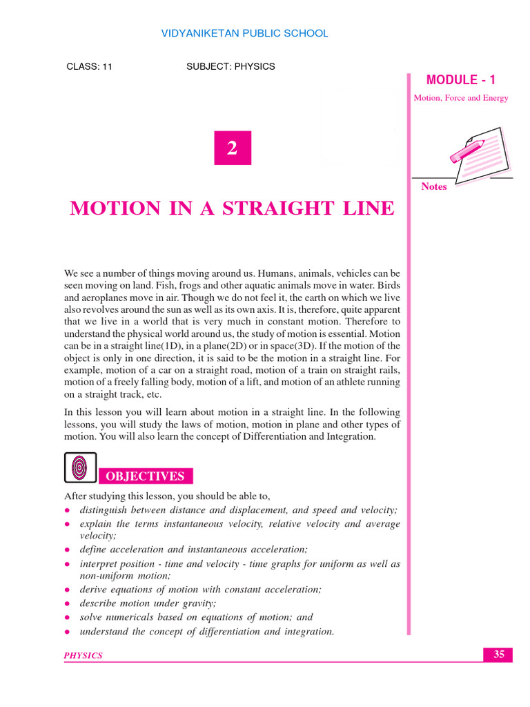 Motion in A Straight Line: Module - 1 | PDF | Velocity | Acceleration