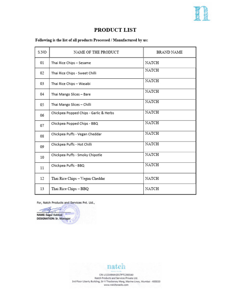 Natch Thai Mango Slices & Chips Menu | PDF