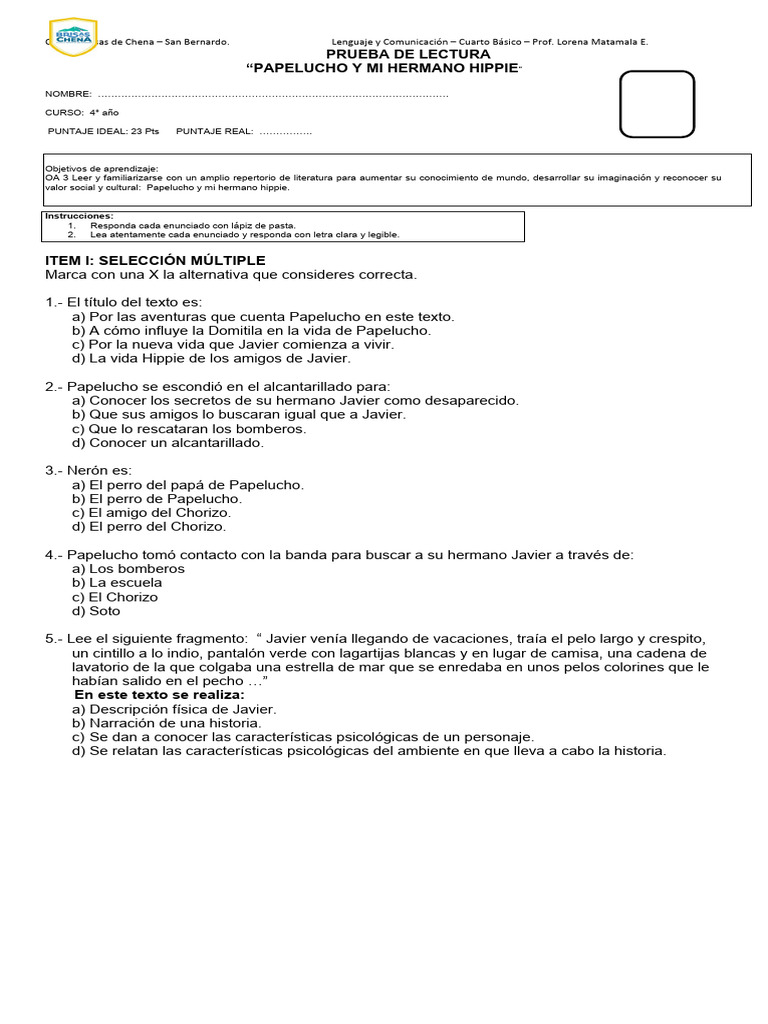 PRUEBA-LECTURA-Papelucho-y-Mi-Hermano-Hippie | PDF