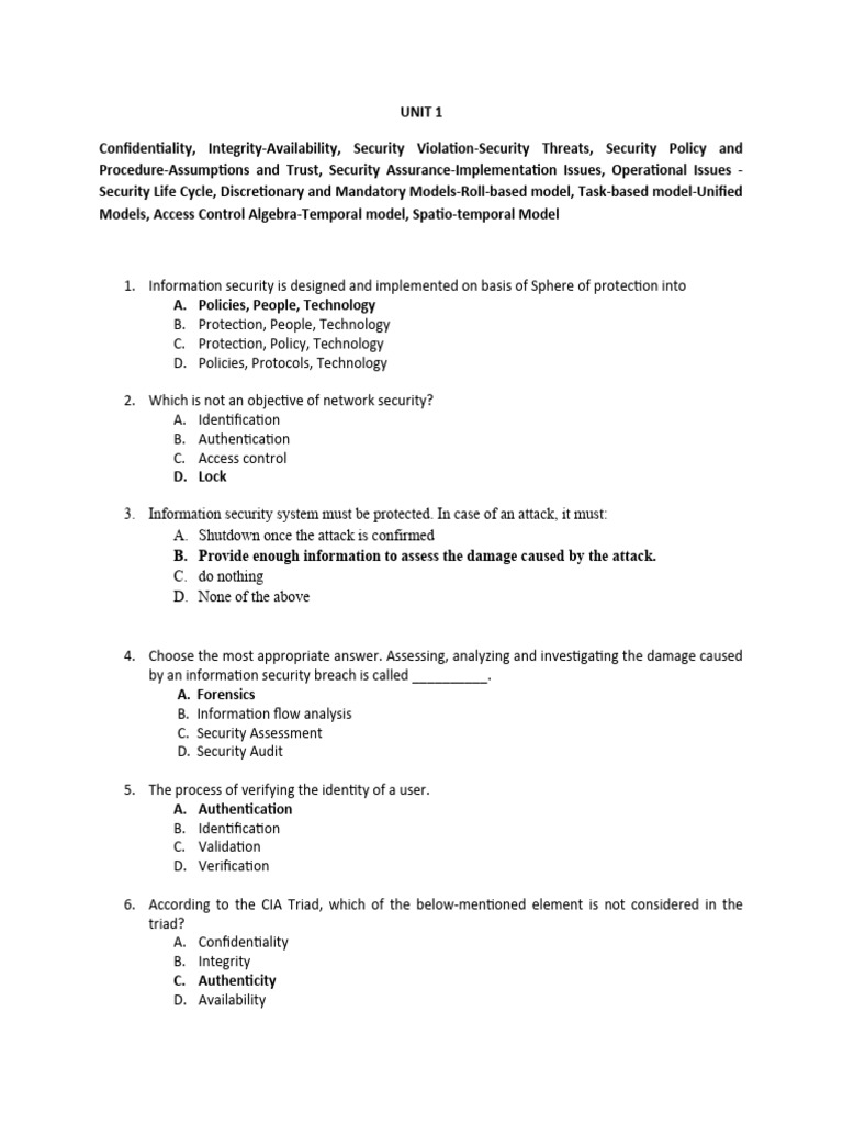 18CSC364J - Information Security MCQ UNIT 1 | PDF | Computer Access Control | Information Security