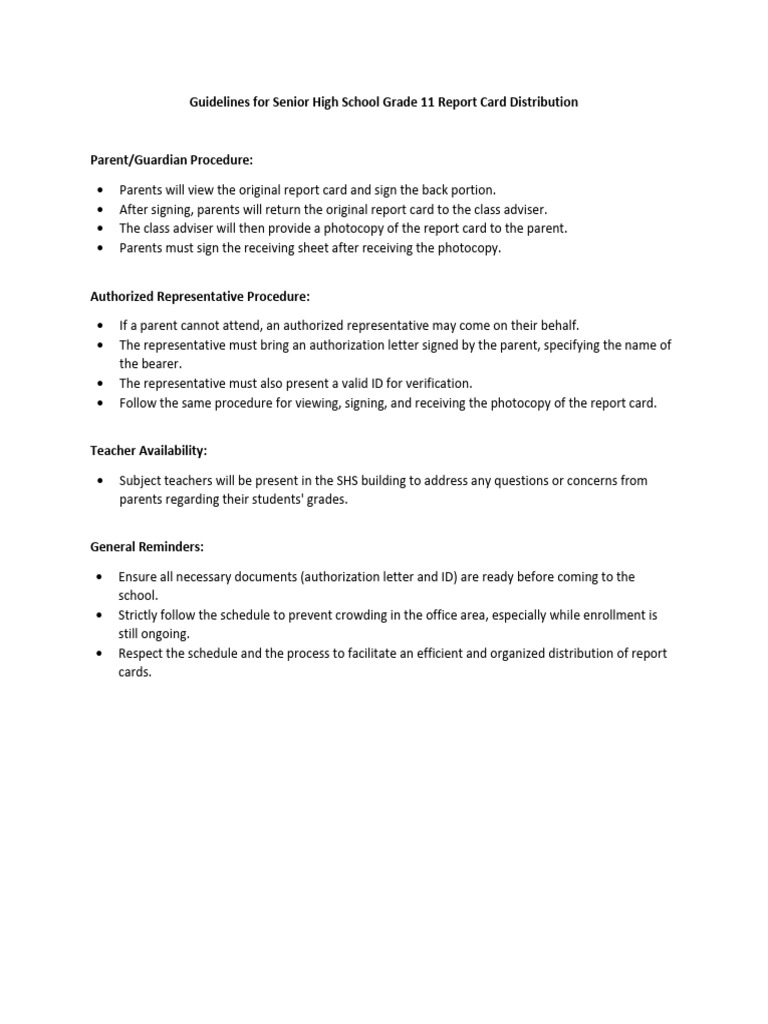 Guidelines For Senior High School Grade 11 Report Card Distribution ...