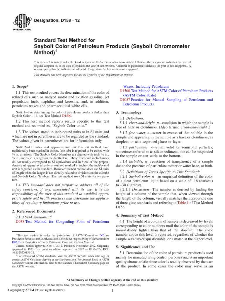 Saybolt Color of Petroleum Products (Saybolt Chromometer Method) | PDF ...