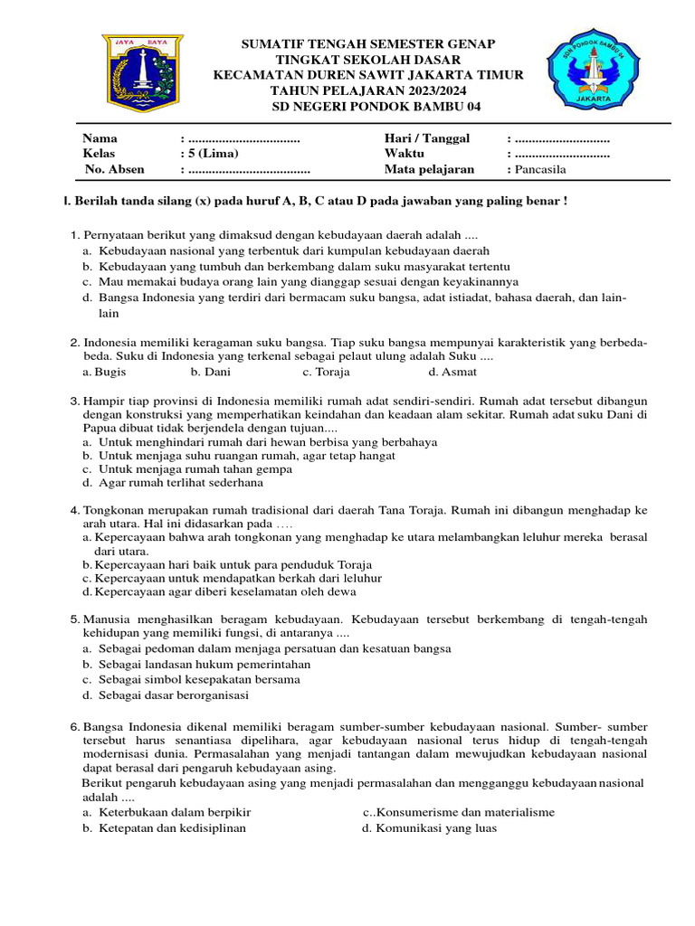PTS Pendidikan pancasila Genap Kelas 5 TP 2023-2024 | PDF