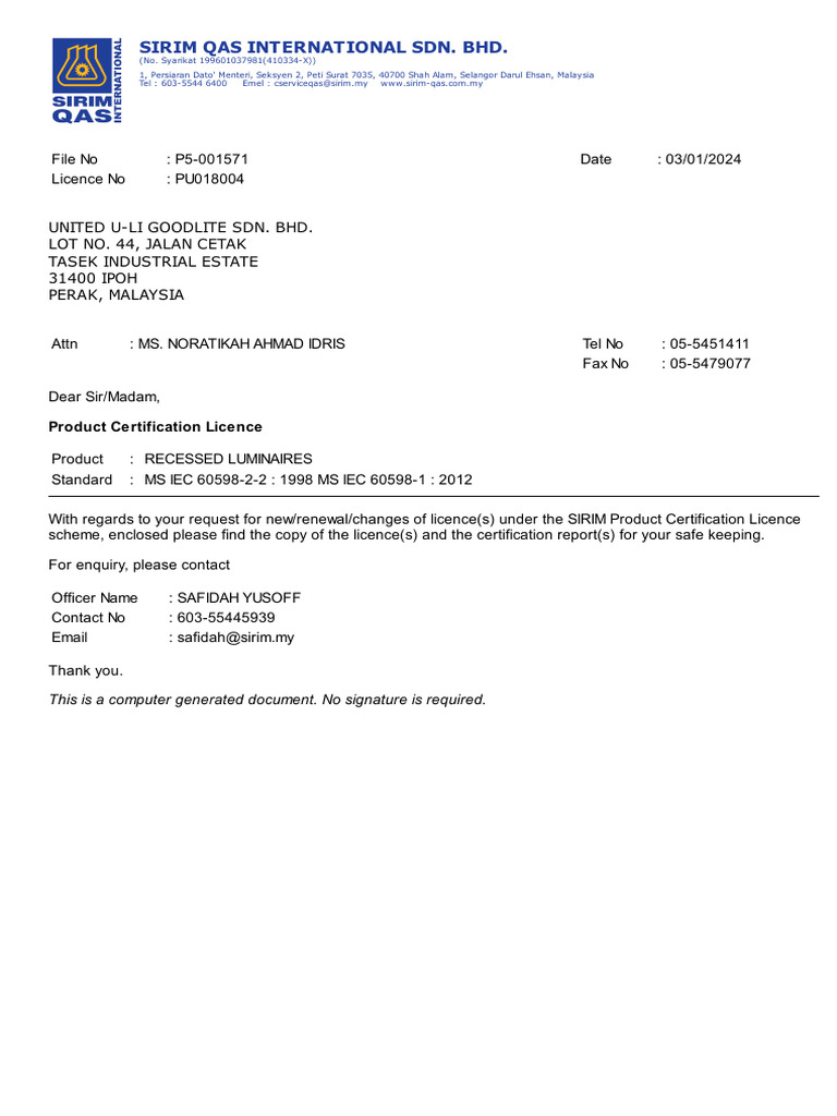 SIRIM Certification for Goodlite Products | PDF