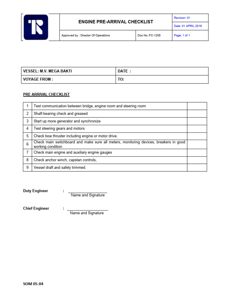 SOM 05-04 Engine Pre Arrival Checklist (BLANK) - 093725 | PDF